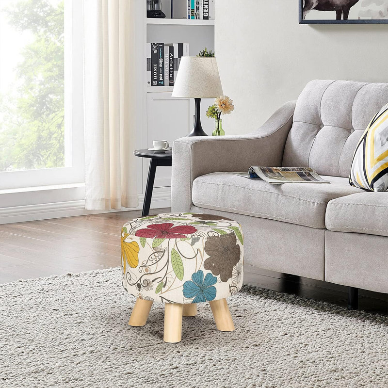 Latitude Run Small Round Ottoman Foot Rest Stool Linen Padded Seat Footstool Ottoman With Non Skid Wooden Legs Flower Linen Wayfair